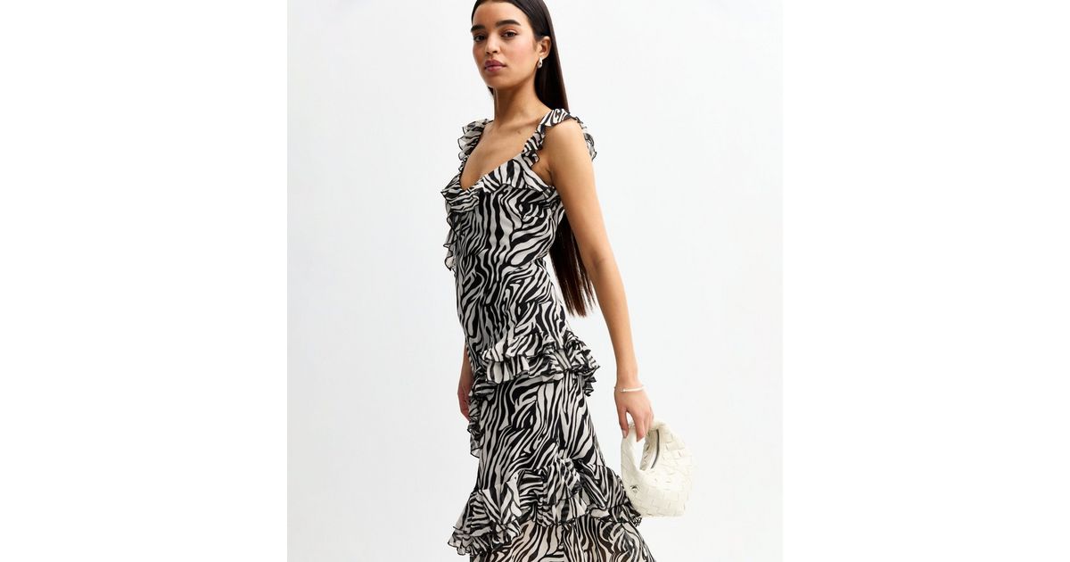 Black Zebra Print Ruffle Trimmed Maxi Dress | New Look