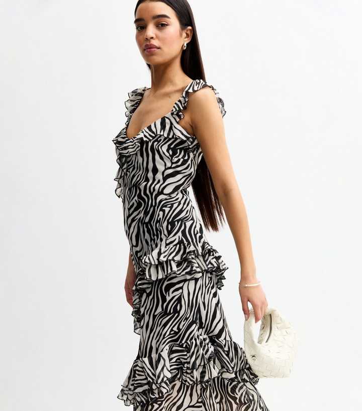 Black Zebra Print Ruffle Trimmed Maxi Dress | New Look