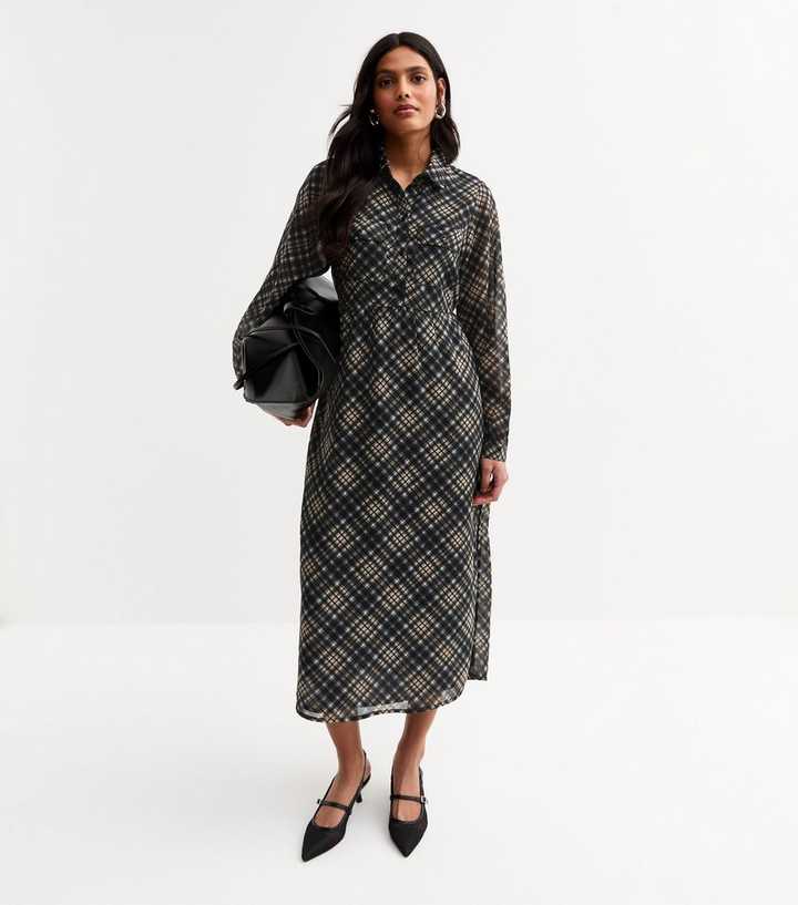Black Checked Midi Shirt Dress | New Look