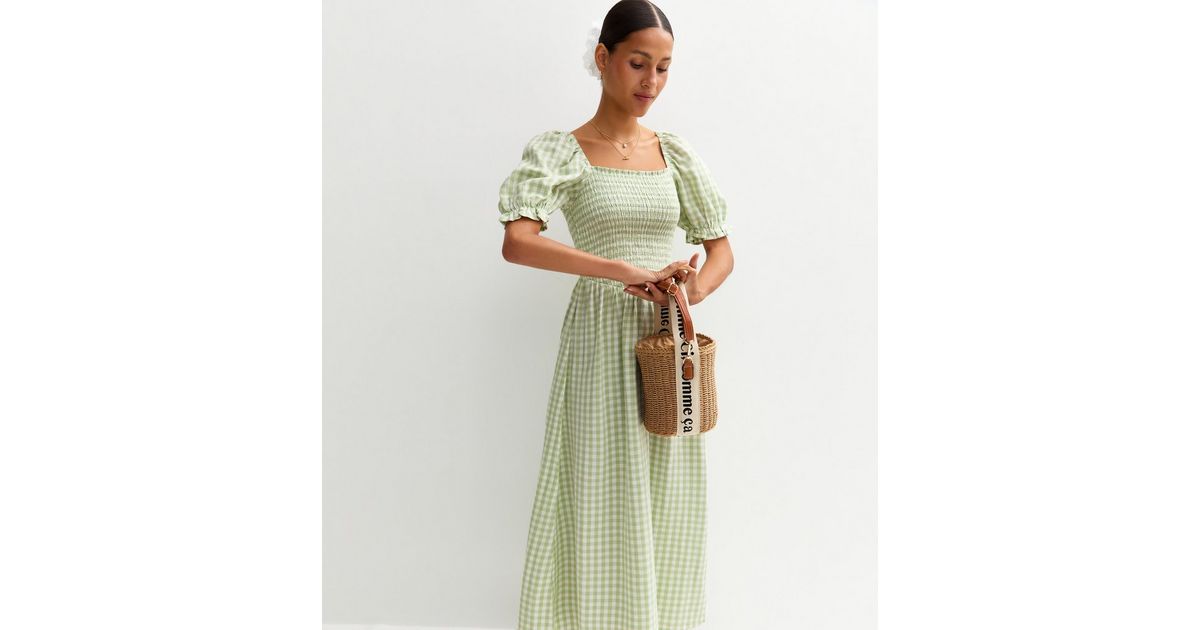 Green Checked Puff Sleeve Midi Dress | New Look