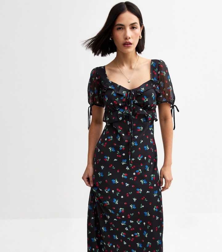 Black Berry Print Chiffon Tie Trim Midi Dress | New Look