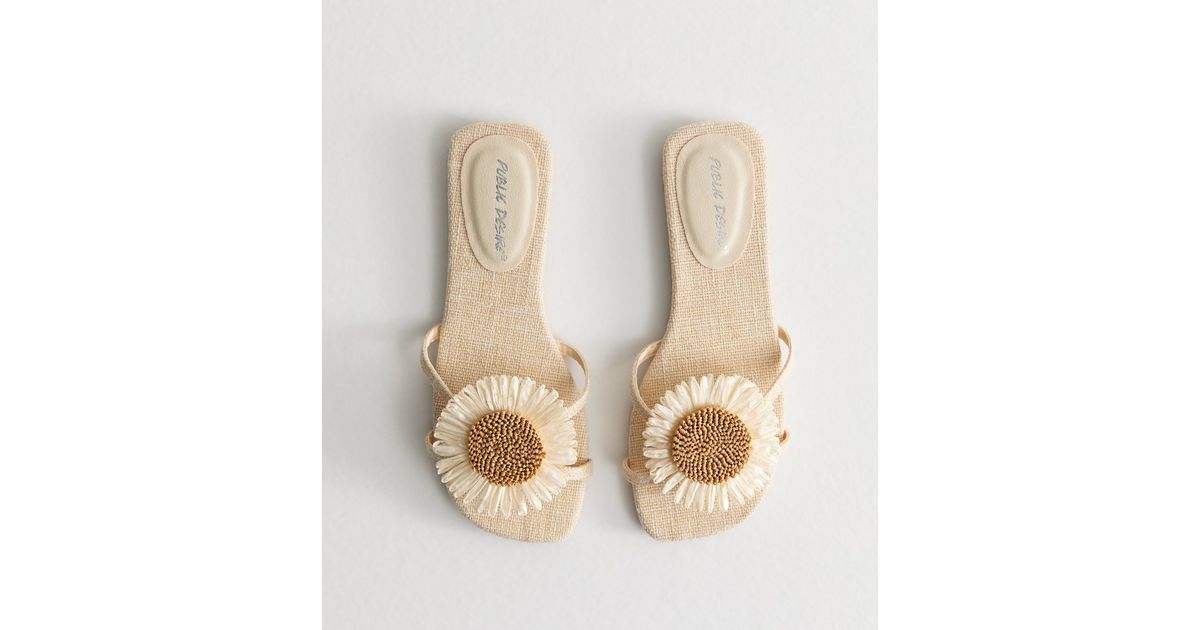Public Desire Chaya Cream Floral Appliqué Flat Sandals | New Look