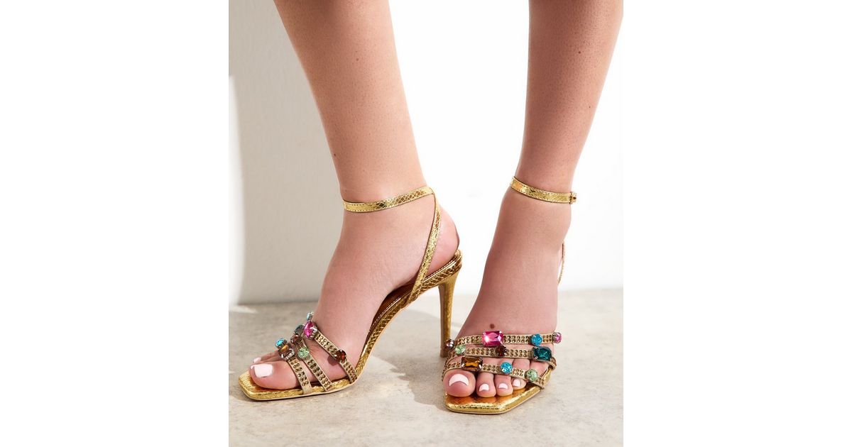 Public Desire Gold Fitzgerald Jewel Embellished Heeled Sandals | New Look