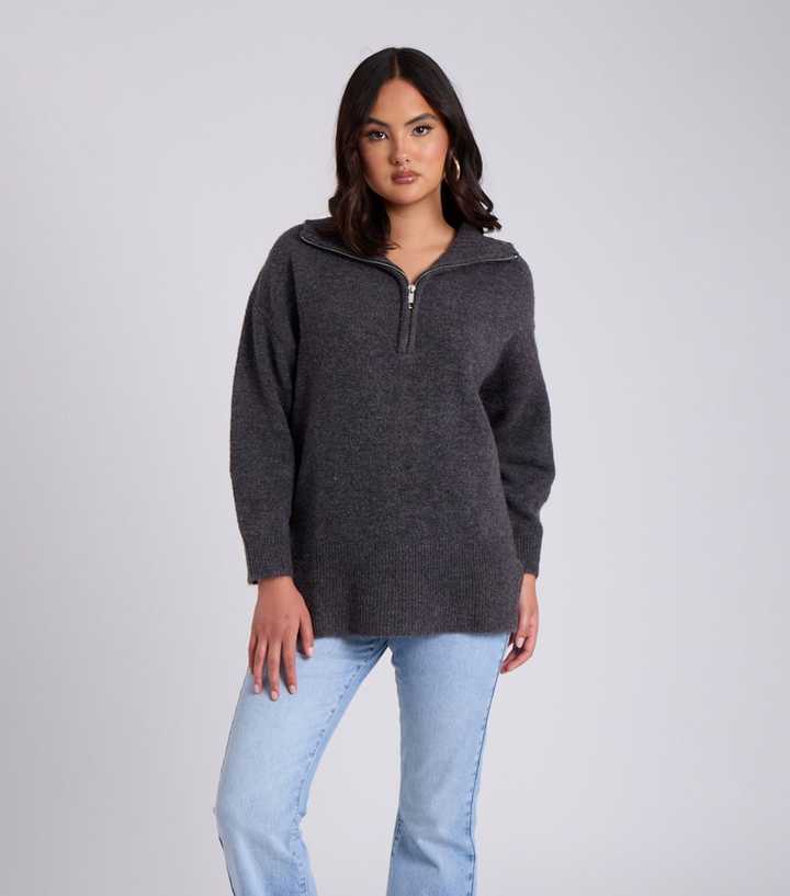 Urban Bliss Dark Grey Half Zip Oversized Jumper | New Look