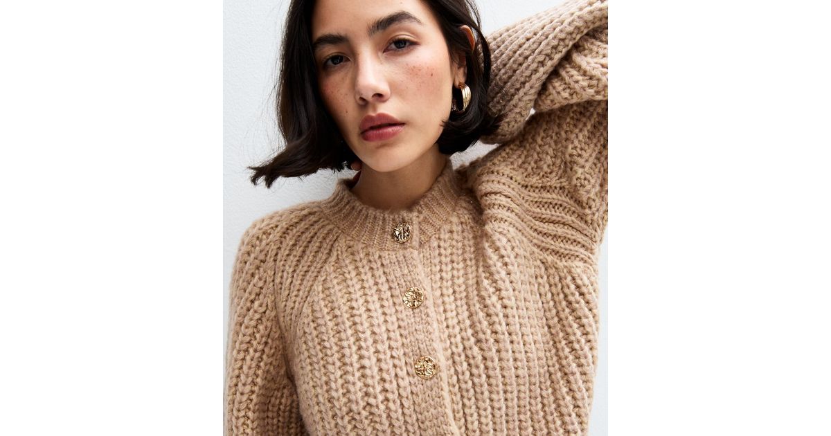 Tan Chunky Knit Metallic Thread Cardigan | New Look