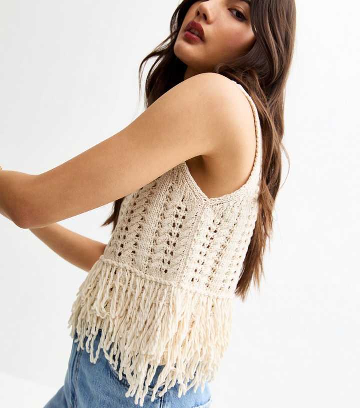 Cream Open Knit Fringe Trim Sleeveless Vest | New Look