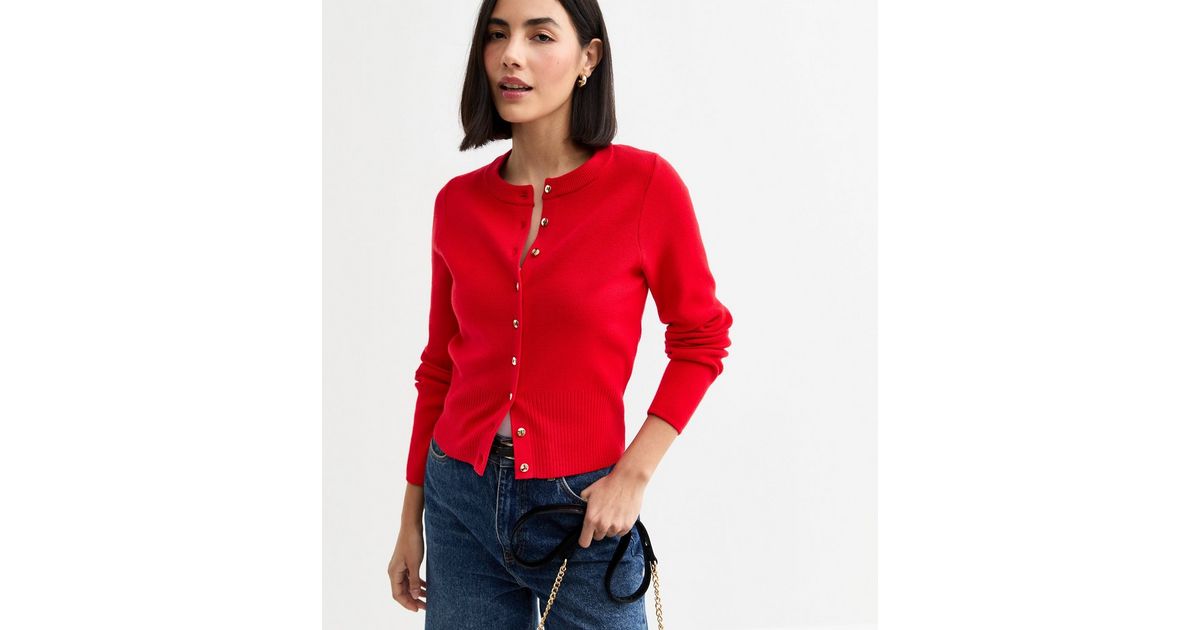 Red Compact Knit Button Up Cardigan | New Look