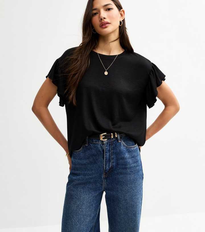 Black Textured Frilly Trim Top | New Look