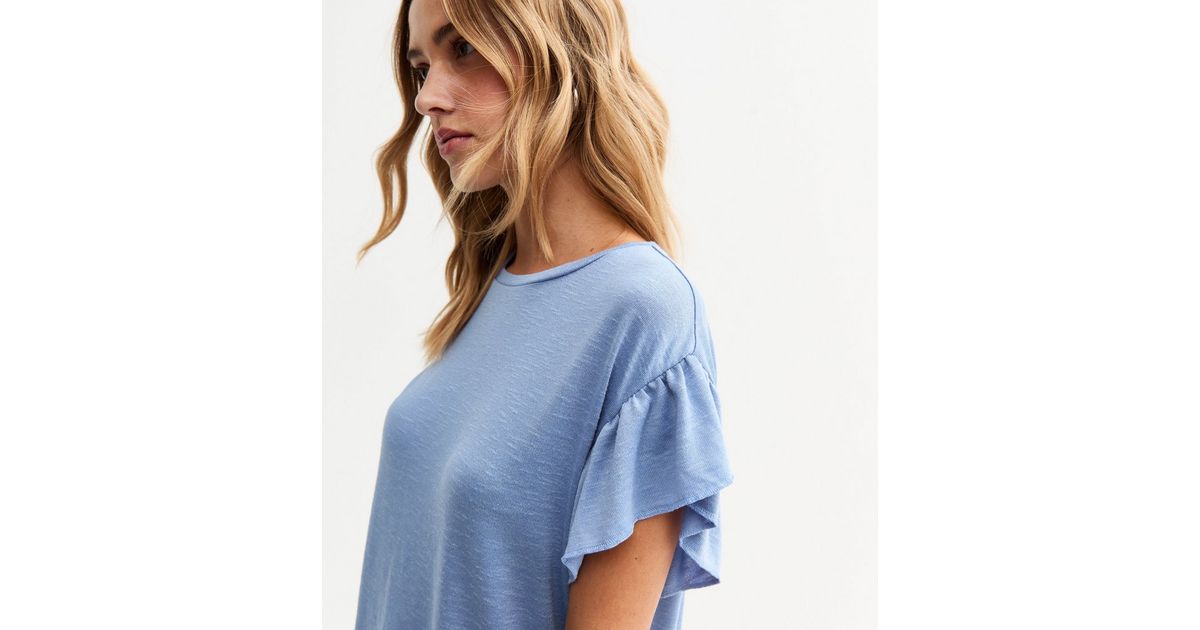 Blue Textured Frilly Trim Top | New Look