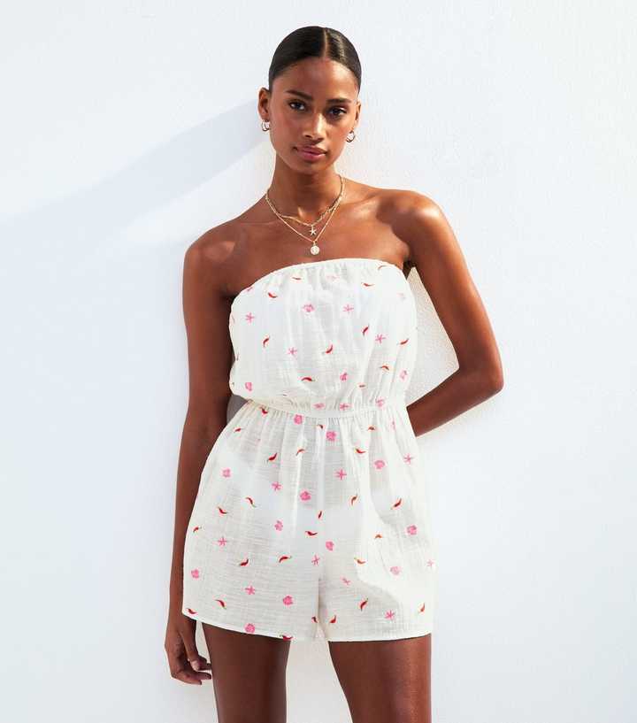 White Starfish Embroidered Bandeau Playsuit | New Look