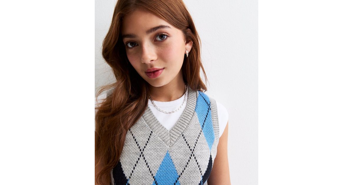 Girls Grey Argyle Knit Vest | New Look