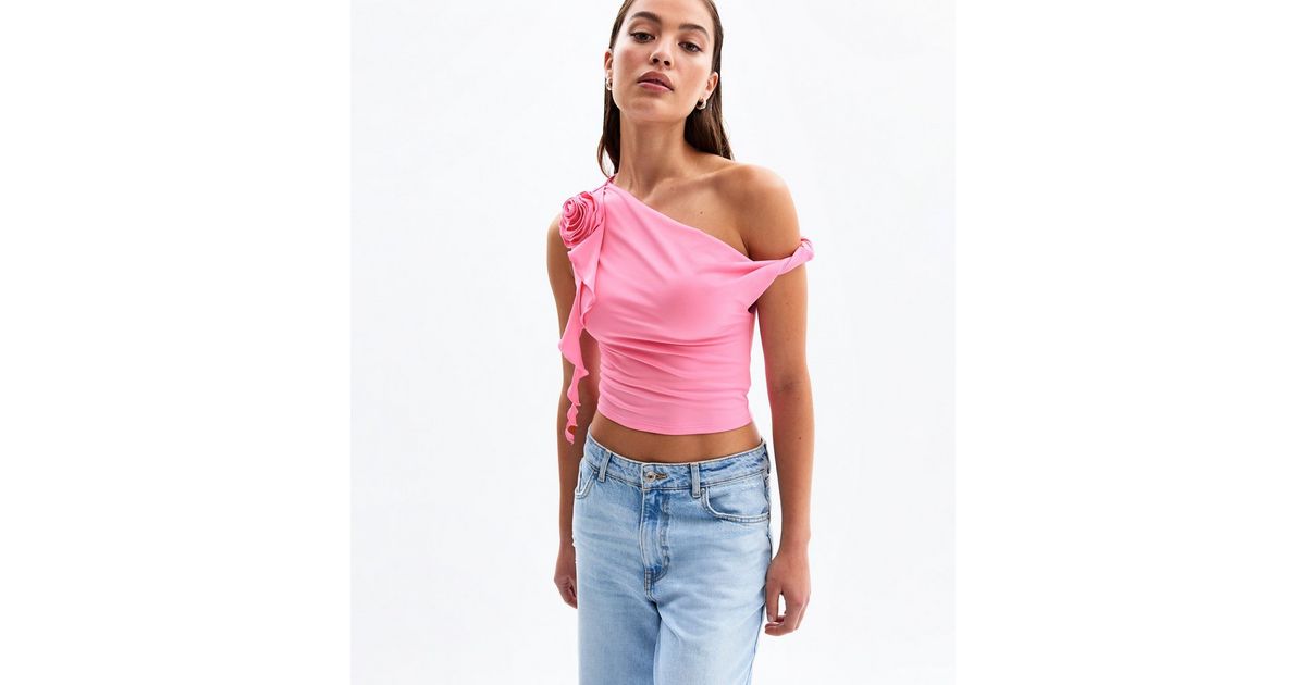 Bright Pink Off The Shoulder Corsage Applique Cropped Top | New Look