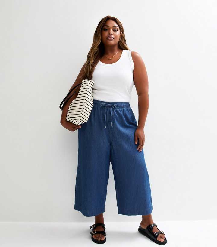 Blue Denim Drawstring Waist Cropped Trousers | New Look