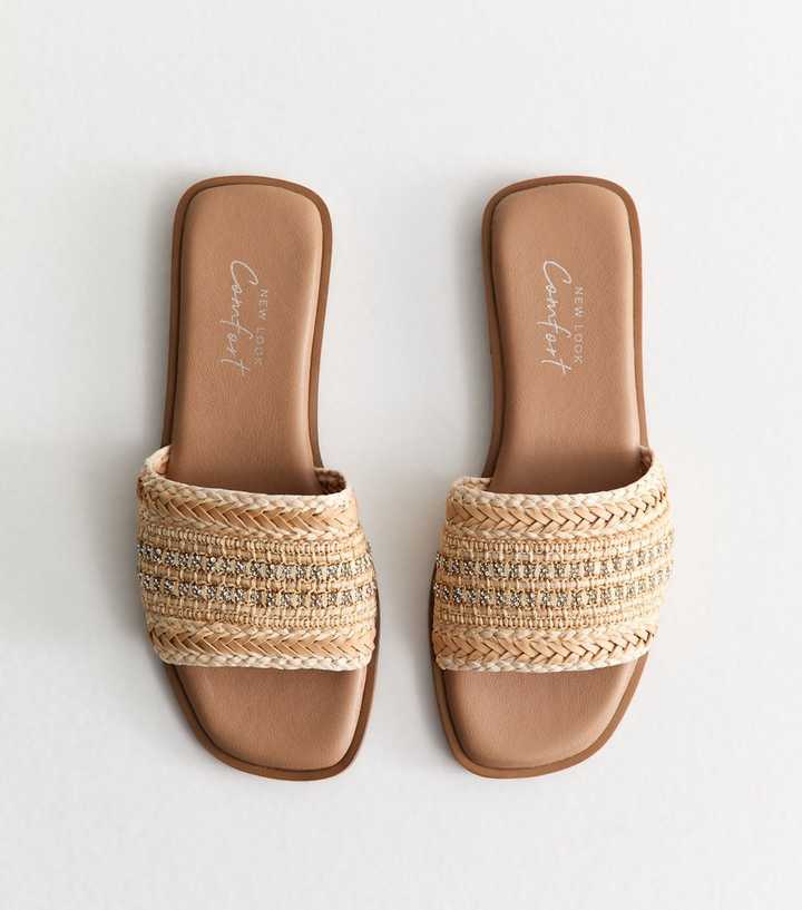 Wide Fit Off White Embellished Raffia Strap Faux Leather Mules | New Look