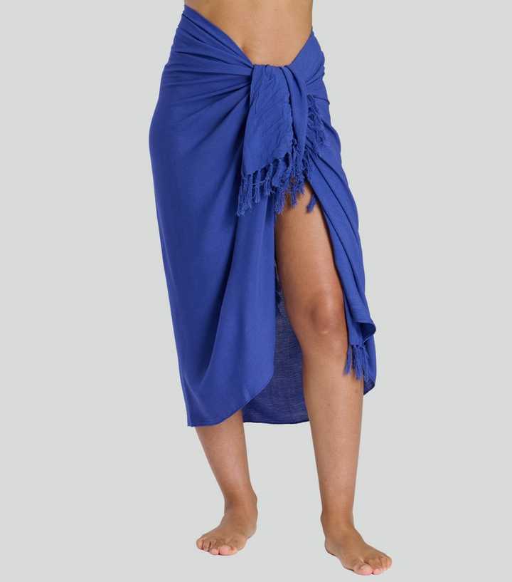 South Beach Blue Crinkle Texture Fringed Sarong | New Look