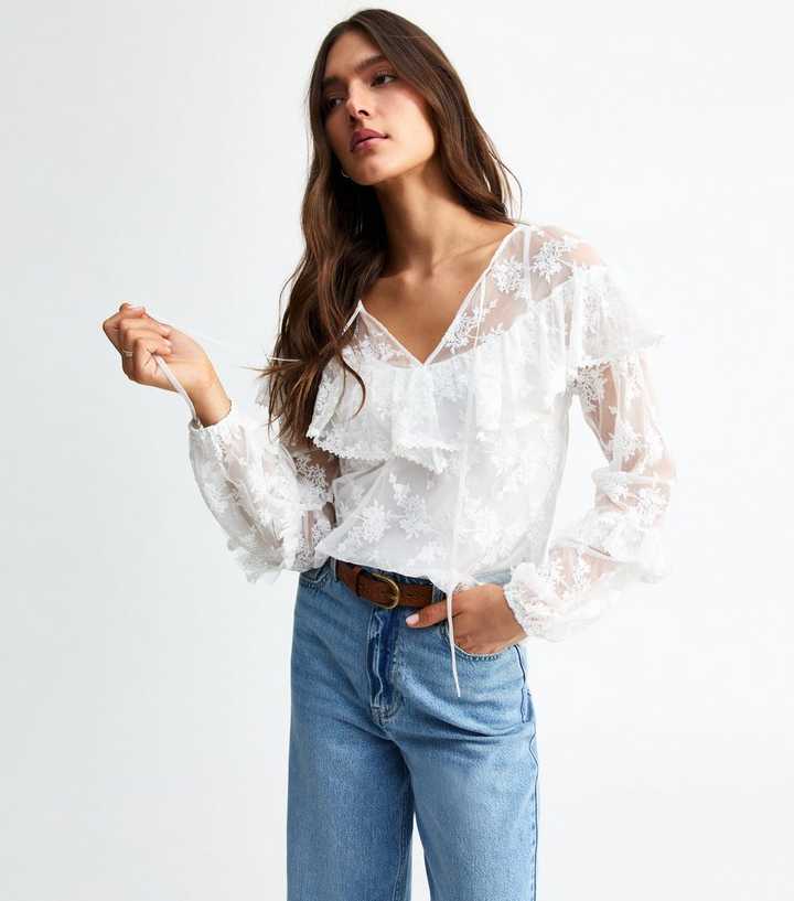 White Floral Embroidered Lace Mesh Blouse | New Look