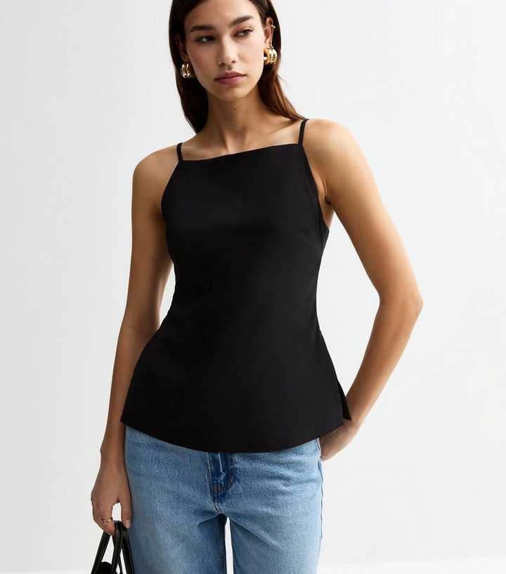 Black Slit Hem Longline Jersey Cami Top | New Look