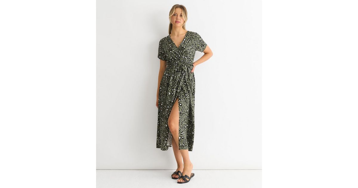 Gini London Khaki Animal Print Wrap Style Midi Dress | New Look