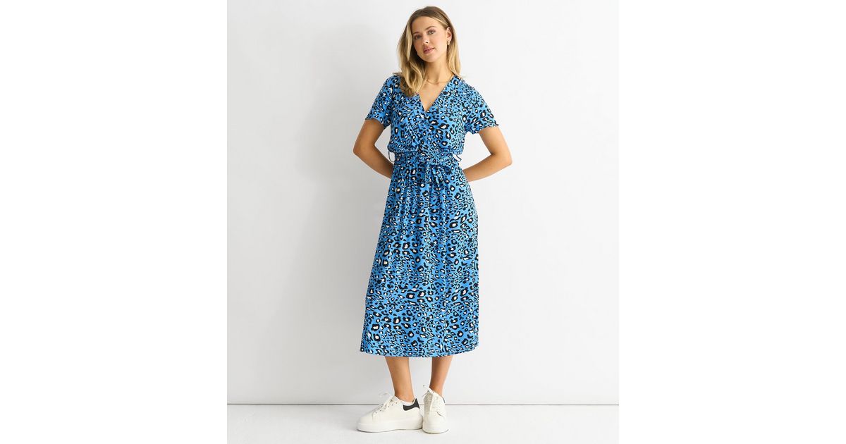 Gini London Blue Leopard Print Midi Wrap Dress | New Look