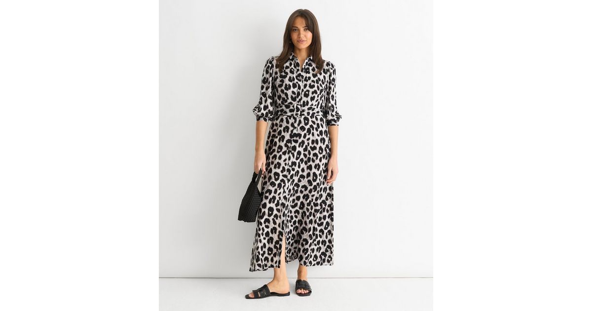 Gini London Light Grey Leopard Print Belted Shirt Maxi Dress | New Look