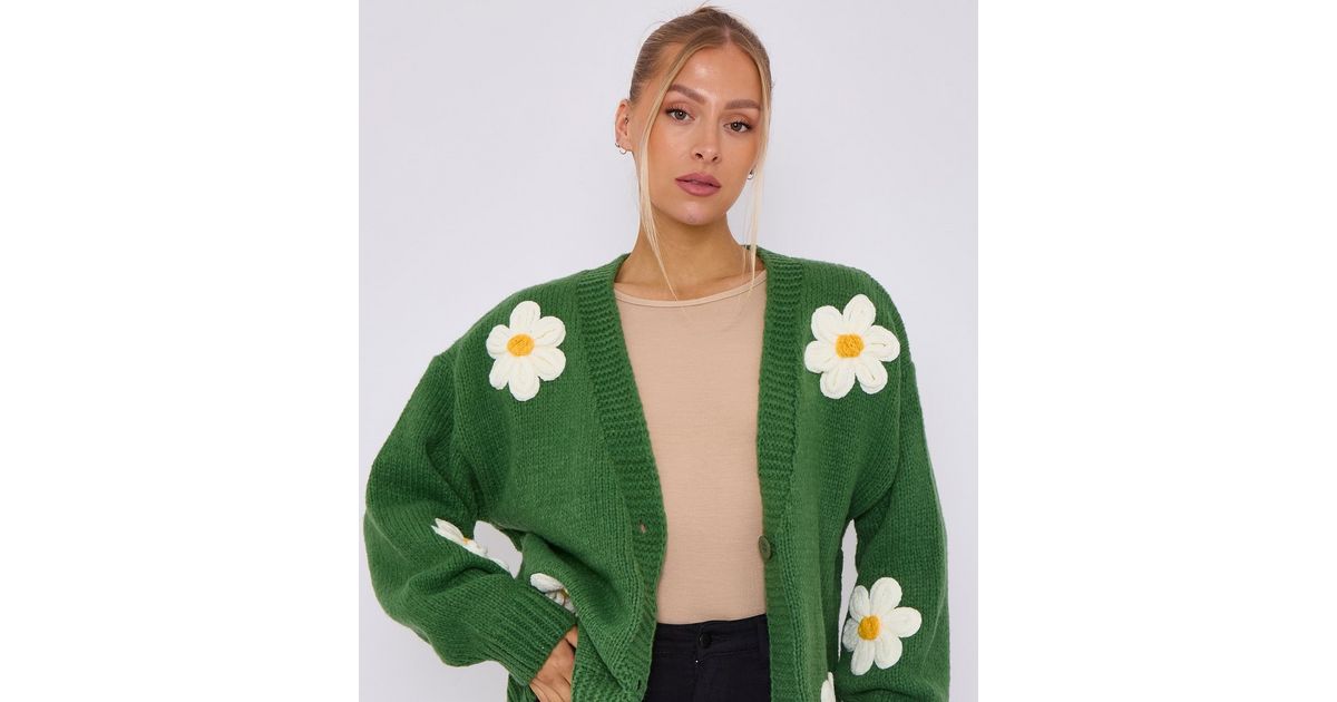 Gini London Green Daisy Embroidered Cardigan | New Look