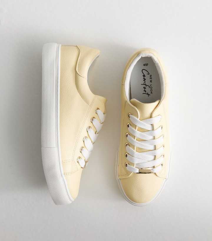 Light Yellow Faux Leather Lace Up Chunky Sole Trainers | New Look