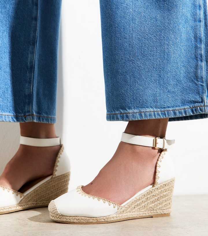 Wide Fit White Faux Leather Stitch Trim Wedge Sandals | New Look
