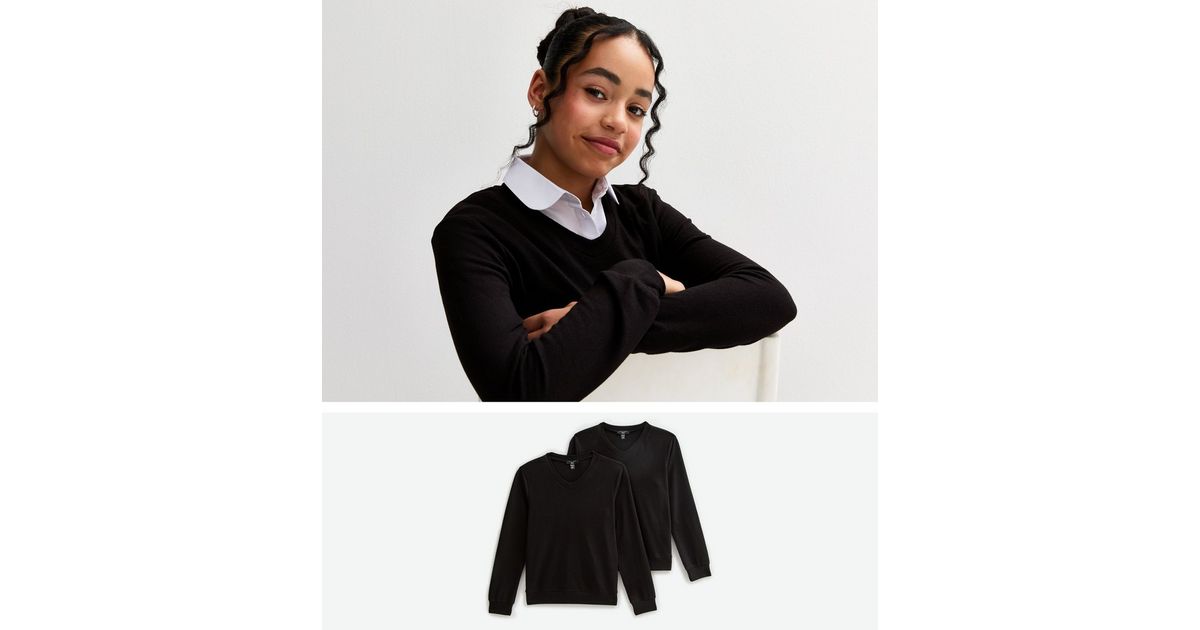 Pack of 2 Girls Black V-Neck School Jumpers | New Look