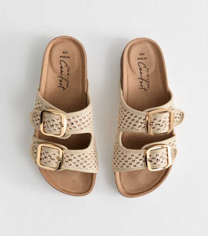 Wide Fit Cream Raffia Look Double Strap Sandals | New Look