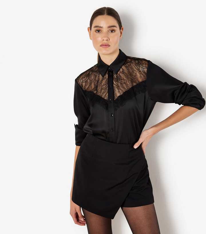 Apricot Black Lace Insert Satin Shirt | New Look