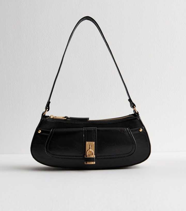 Black Patent Faux Leather Padlock Detail Mini Shoulder Bag | New Look