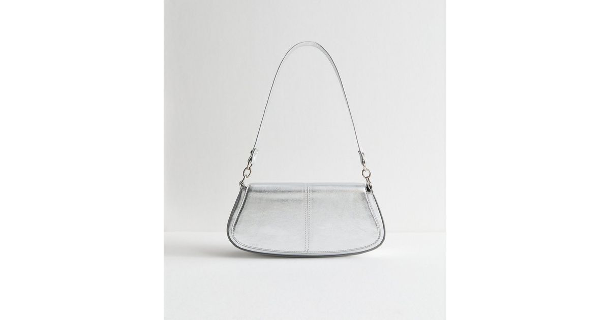 Silver Patent Faux Leather Curved Shoulder Bag | New Look
