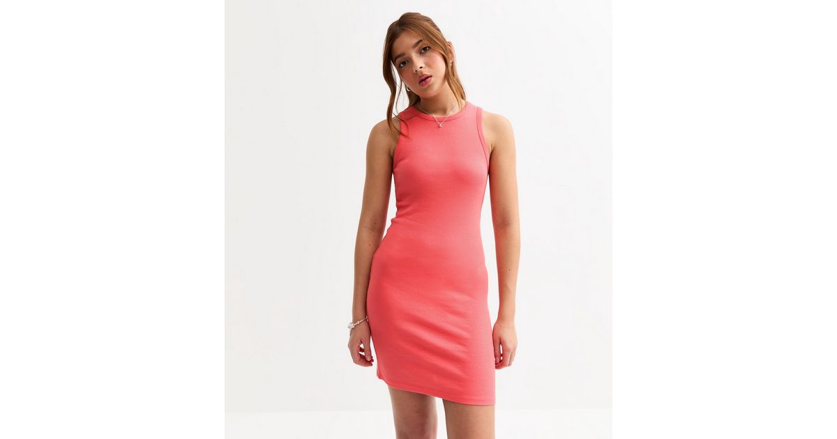 Girls Coral Ribbed Racerback Dress | New Look