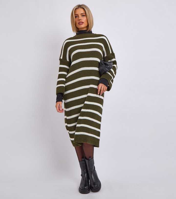 Gini London Olive Striped Knit Midi Dress | New Look