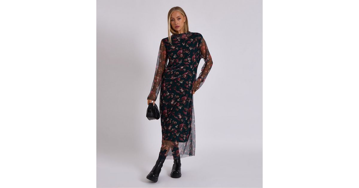 Gini London Dark Green Floral Print Mesh Midi Dress | New Look