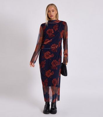 Gini London Navy Rose Print Mesh Midi Dress | New Look
