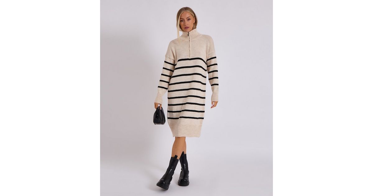 Gini London White Striped Zipped Neck Jumper Dress | New Look