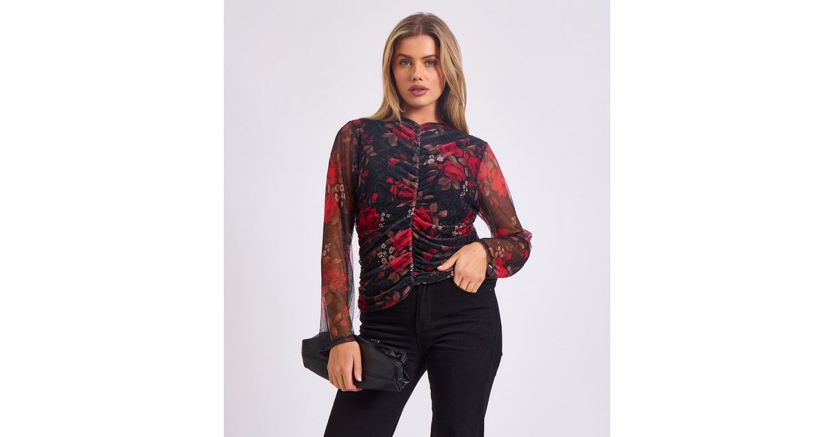 Gini London Red Rose Print Ruched Mesh Top | New Look