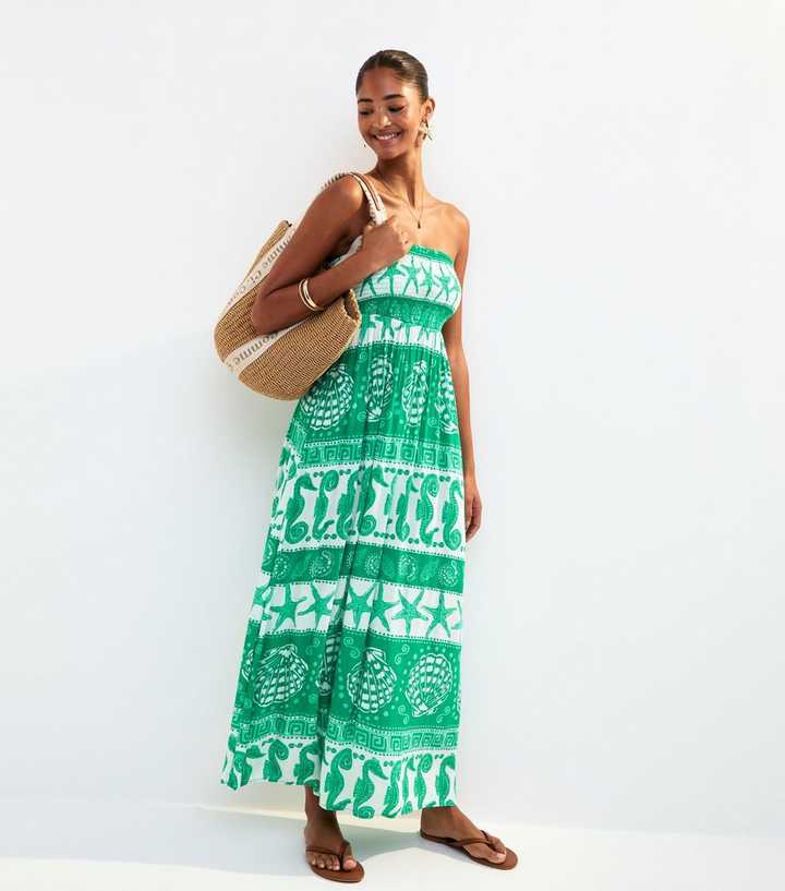 Green Striped Shell Print Bandeau Maxi Dress | New Look