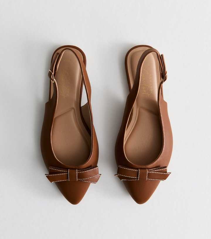 Wide Fit Tan Faux Leather Bow Front Slingback Flats | New Look
