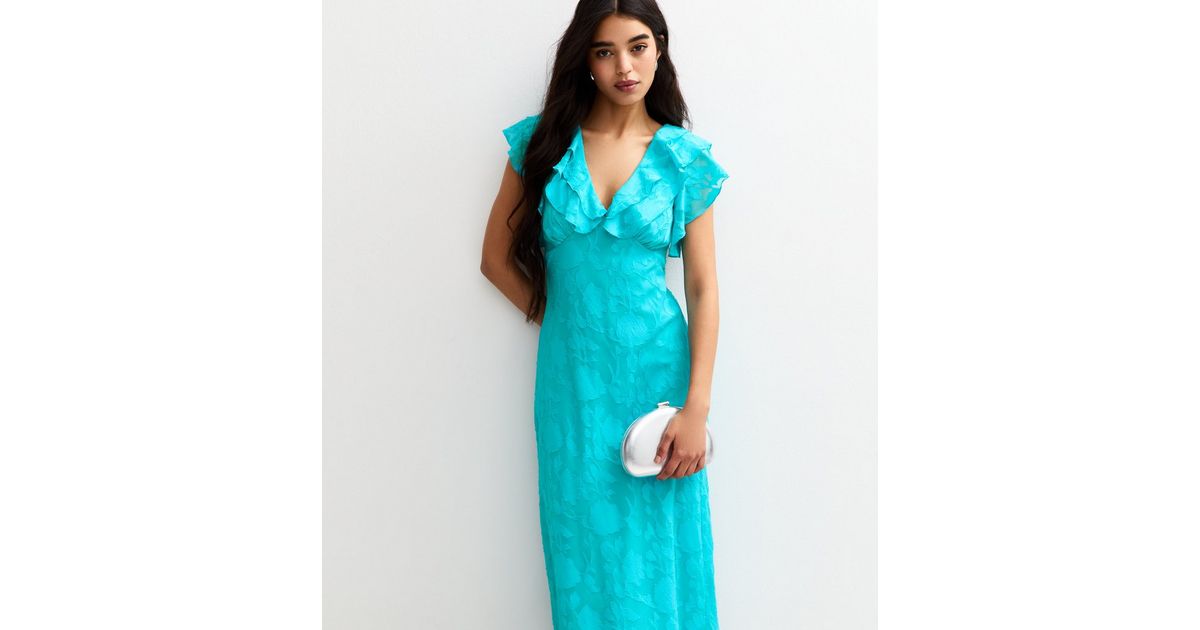 Turquoise Devore Ruffled Midi Dress | New Look