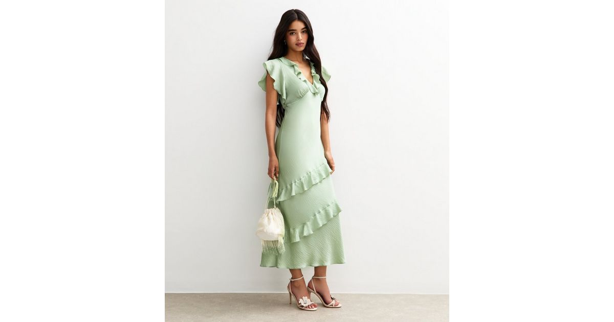 Green Satin Ruffled Midi Dress | New Look
