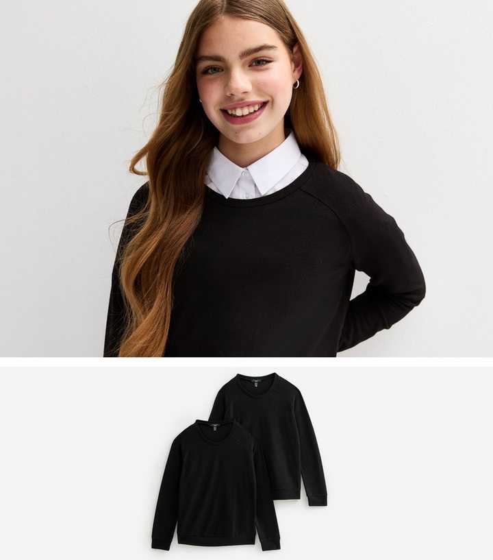 Girls Black Pack Of 2 Crew Neck School Jumpers | New Look