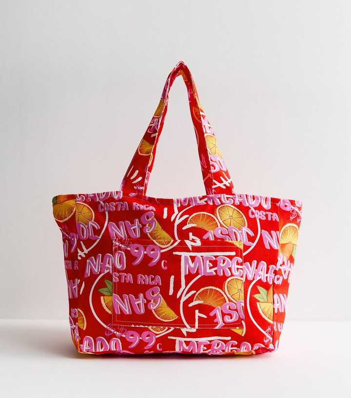 Red Citrus Print Cotton Tote Bag | New Look