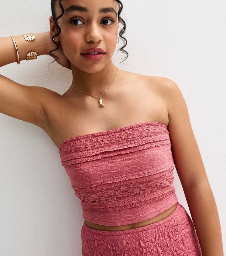 Girls Dark Pink Floral Lace Bandeau Top | New Look