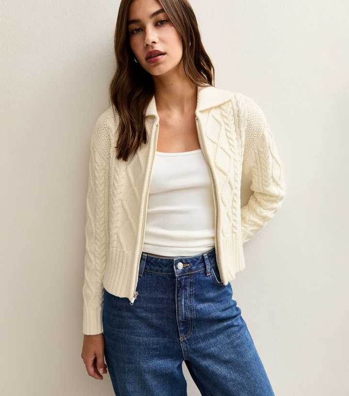 White Cable Knit Collared Zip Through Cardigan | New Look