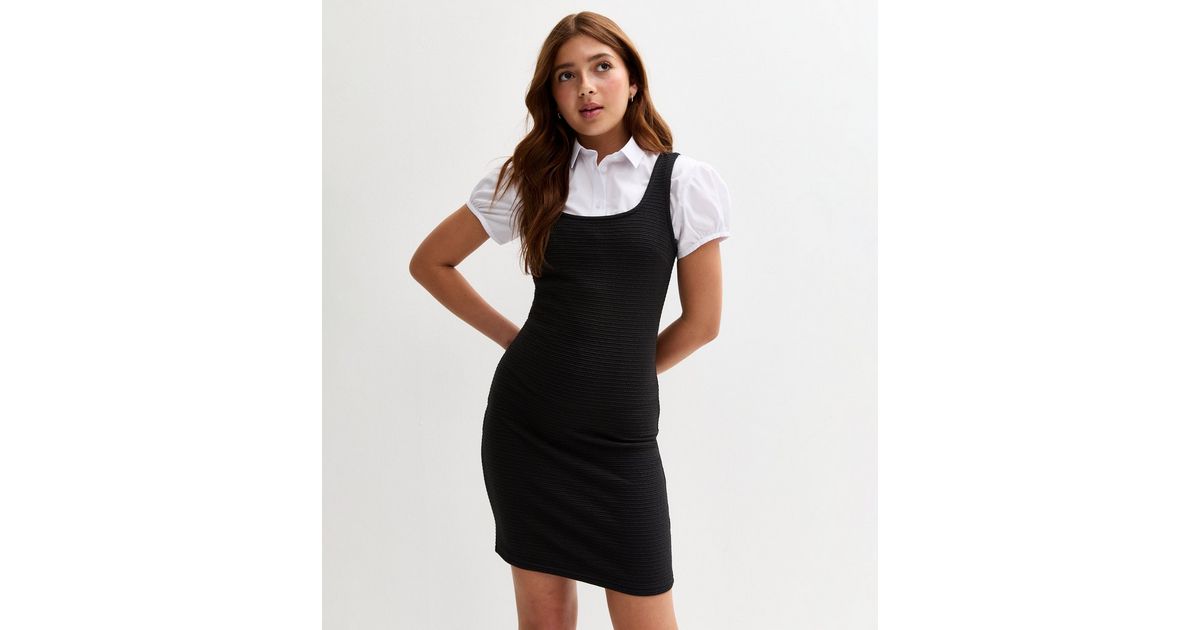 Girls Black Textured Jersey School Pinafore Dress | New Look