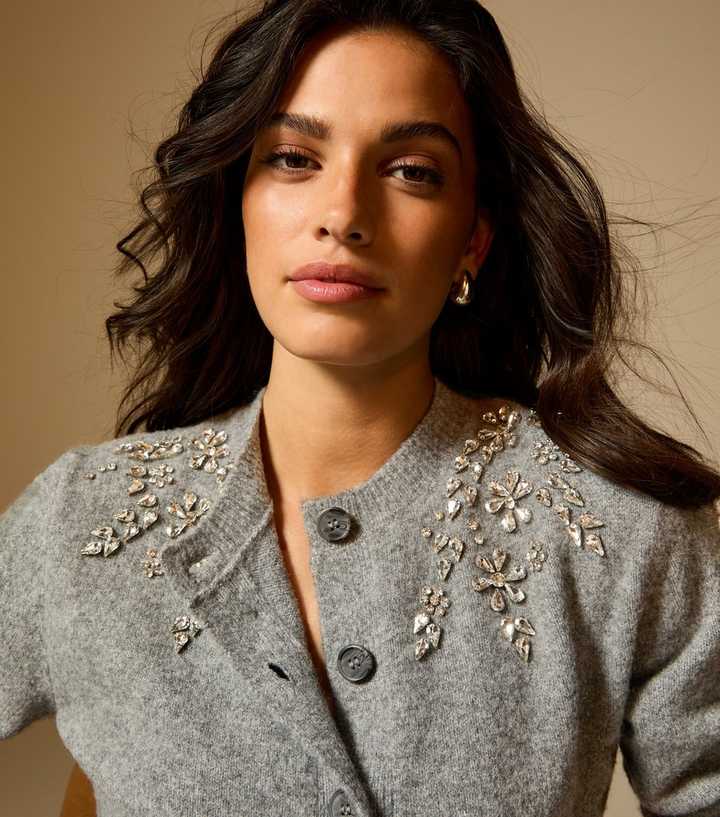 Grey Diamante Floral Embellished Crew Neck Cardigan | New Look