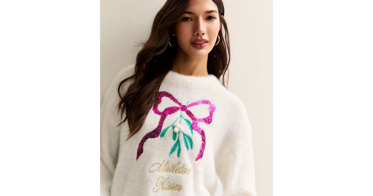 White Fluffy Embroidered Mistletoe Motif Jumper | New Look