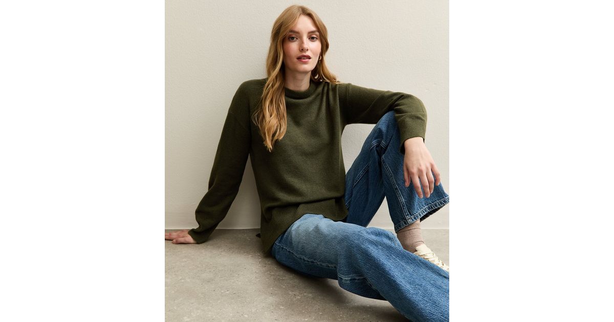 Dark Khaki Knitted Side Split Jumper | New Look